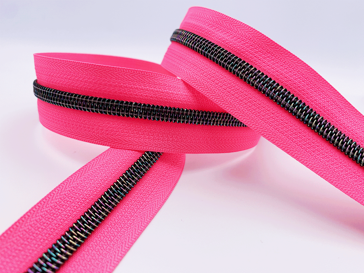 Neon Pink Zipper Tape with Dark Iridescent Rainbow Teeth, Shadow Star ...