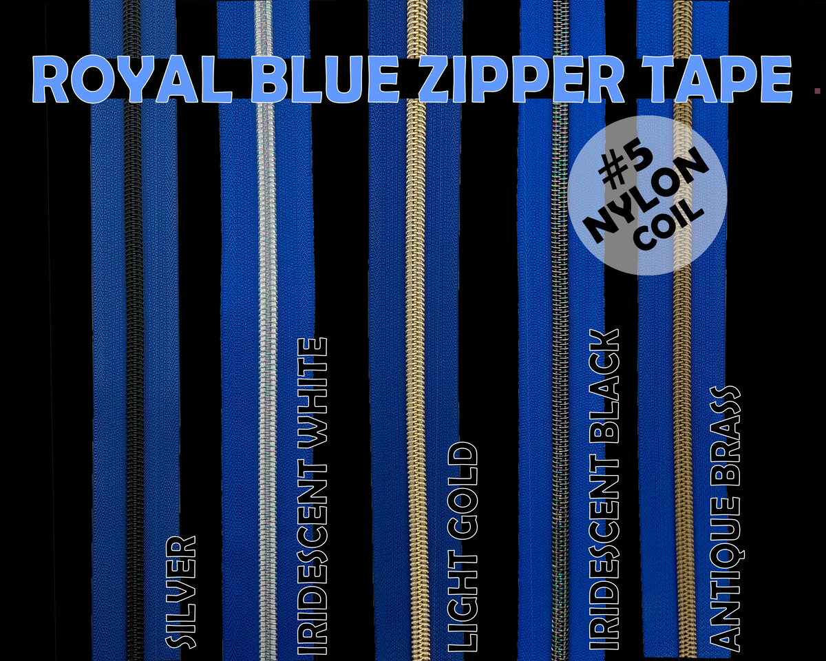 Royal Blue Zipper Tape, Size 5 Nylon Coil with various coloured teeth ...